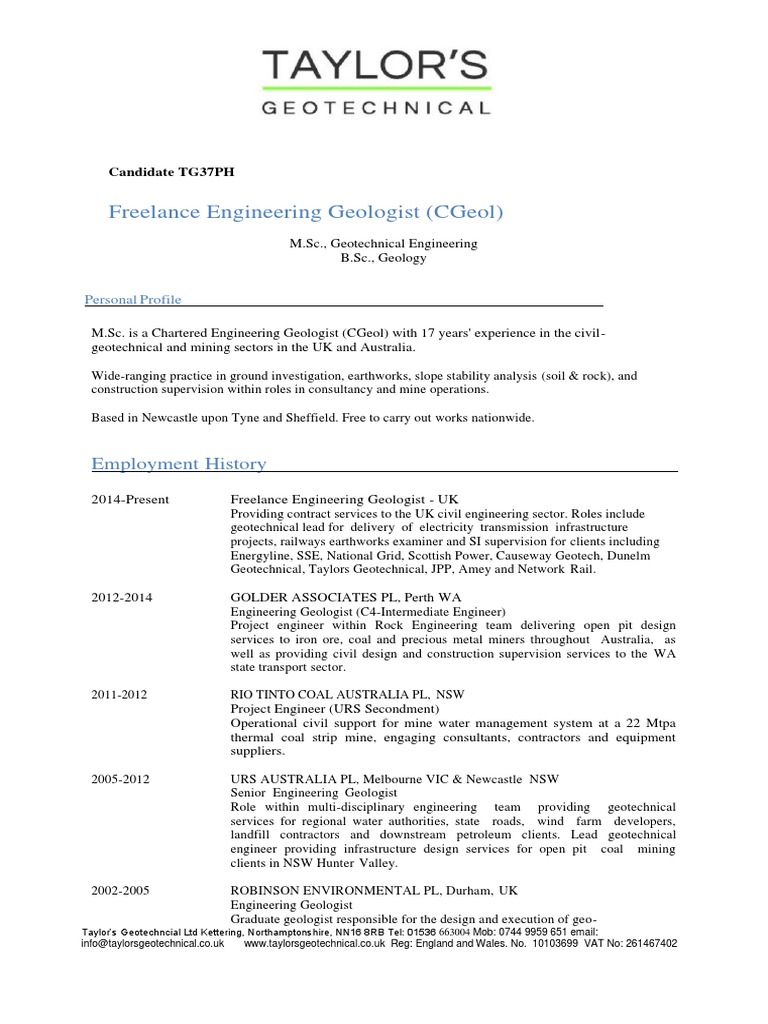 Geotech Sample Resume | Pdf | Geotechnical Engineering | Mining