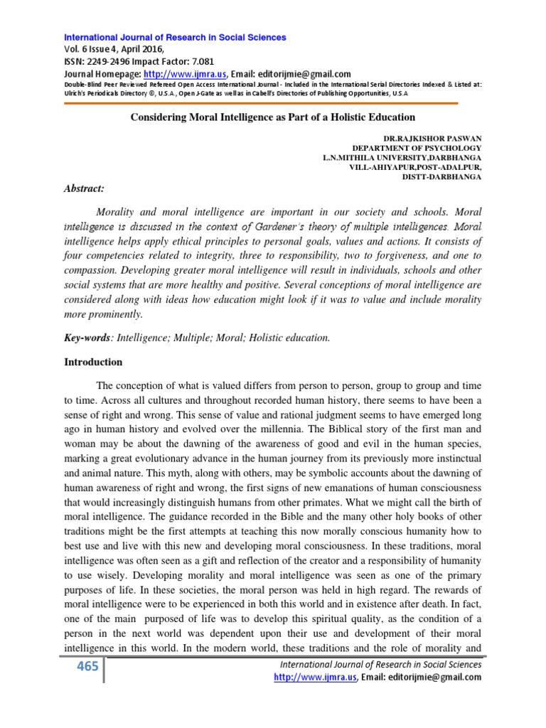 Considering Moral Intelligence As Part of A Holistic Education | PDF ...