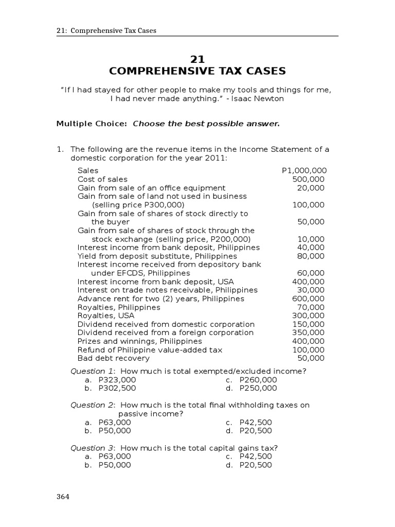 21 Comprehensive Tax Cases: Multiple Choice: Choose The Best Possible ...