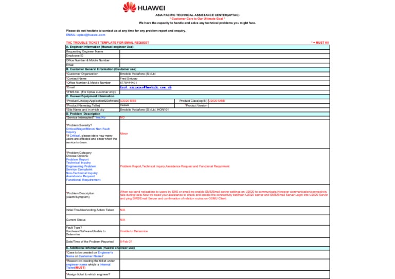 Huawei TAC Trouble Ticket - U2020 Server To SMS - EMAIL Server ...