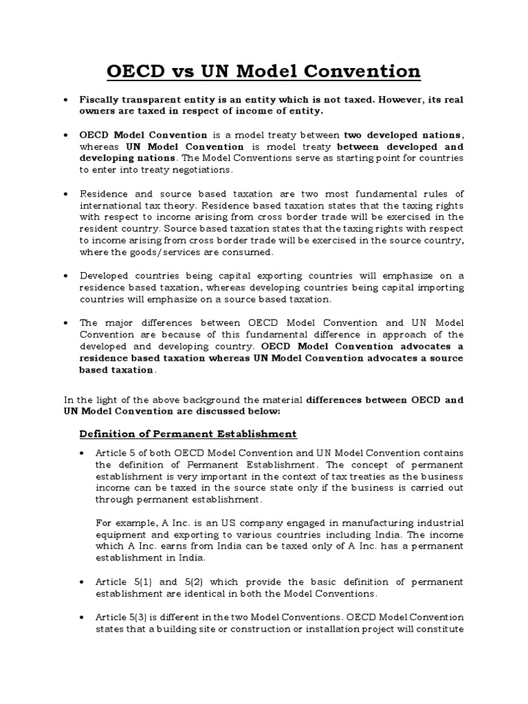 Oecd Vs Un Model Convention | PDF | Permanent Establishment | Tax Deduction