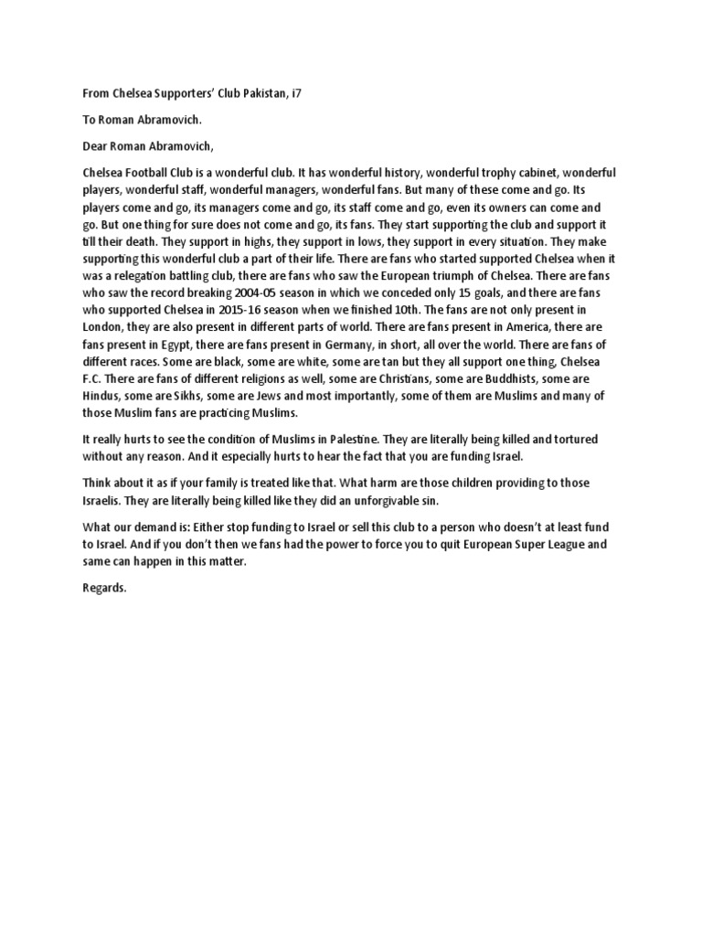Letter To Roman Abramovich | PDF | Sports & Recreation | Social Science