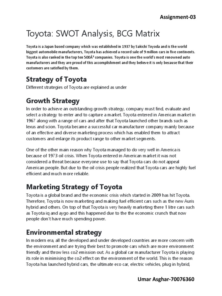 Toyota: SWOT Analysis, BCG Matrix: Strategy of Toyota Growth Strategy ...