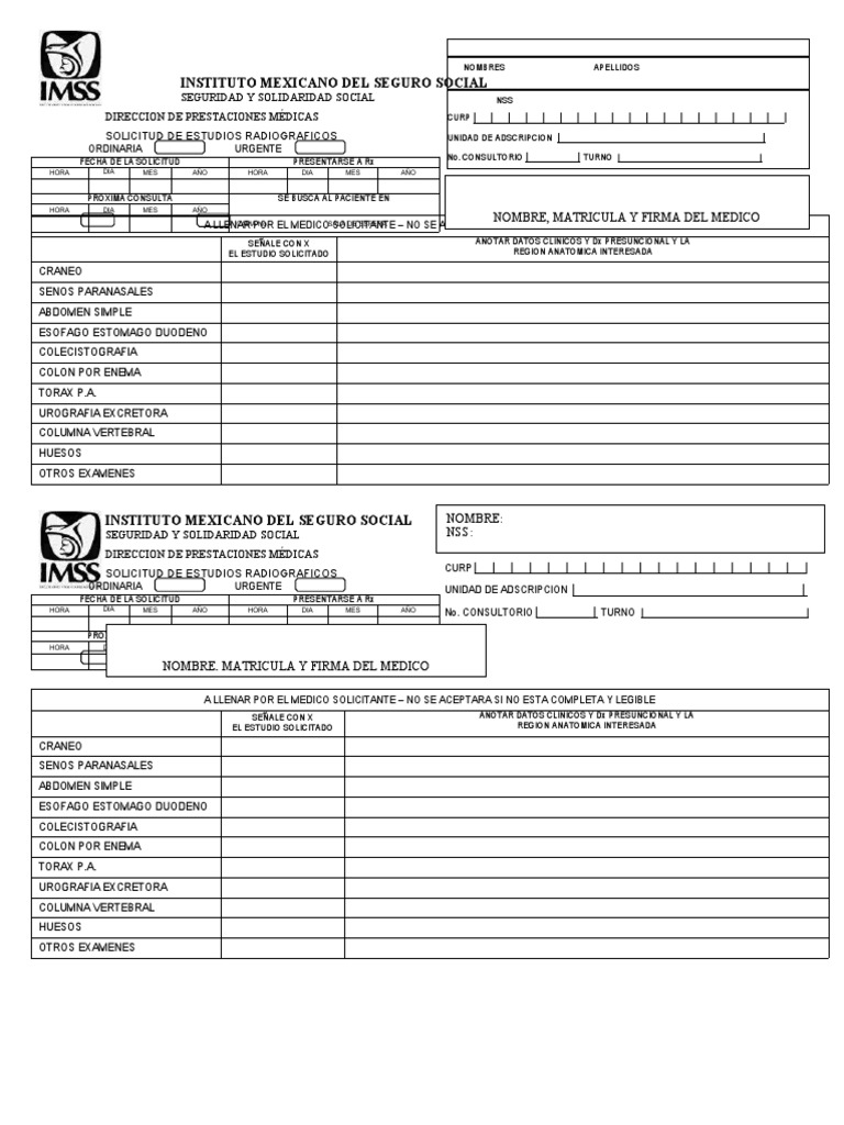 Solicitud de Estudios Radiográficos IMSS | PDF | Medicina CLINICA ...