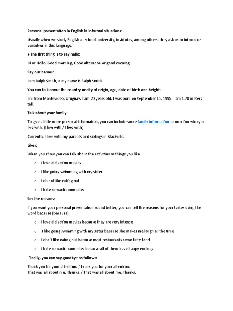 Personal Presentation in English in Informal Situations | PDF | Plural ...