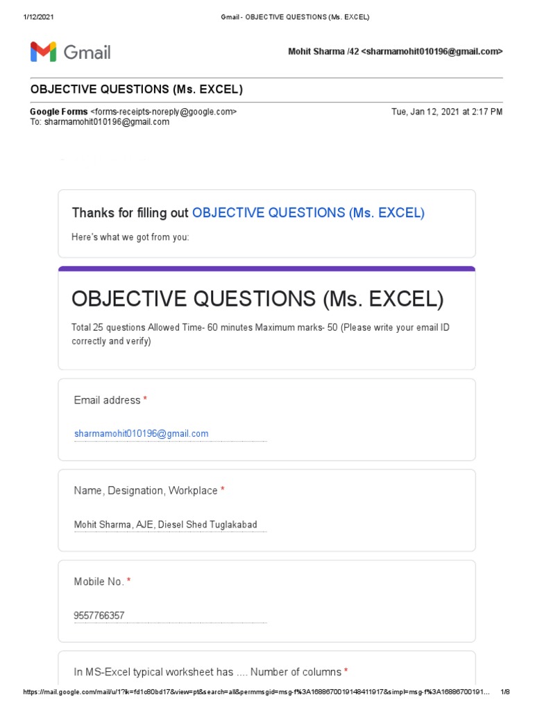 Objective Questions (Ms. Excel) : Thanks For Filling Out | Download Free PDF | Worksheet ...