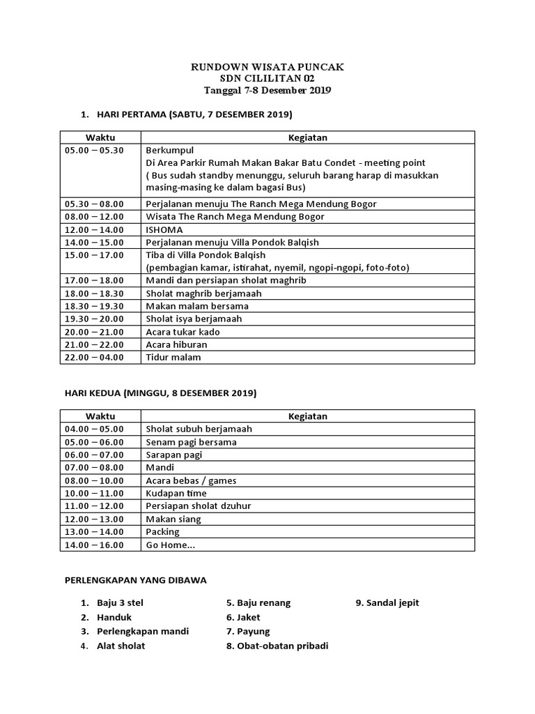Rundown Wisata Puncak SDN Cililitan 02 | PDF