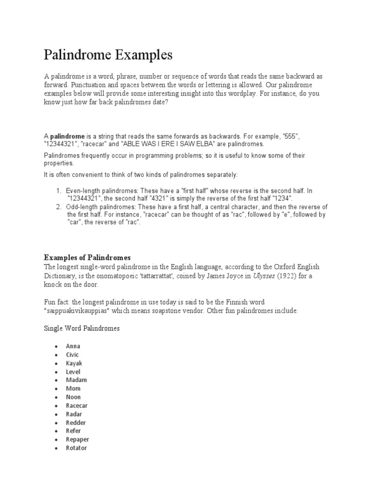 Palindrome Examples 03032021 060037pm | PDF | Linguistics