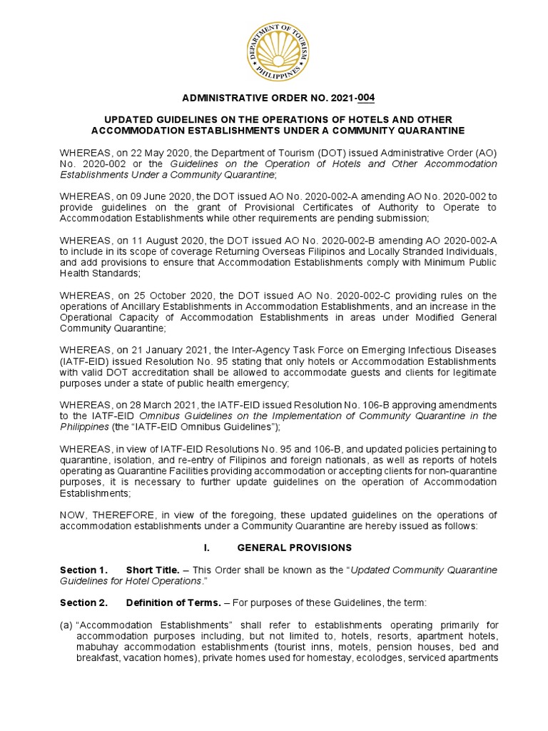 Administrative Order No. 2021-004 | PDF | Quarantine | Restaurants