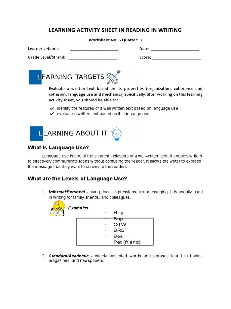 Learning Activity Sheet in Reading in Writing: Worksheet No. 5 Quarter ...