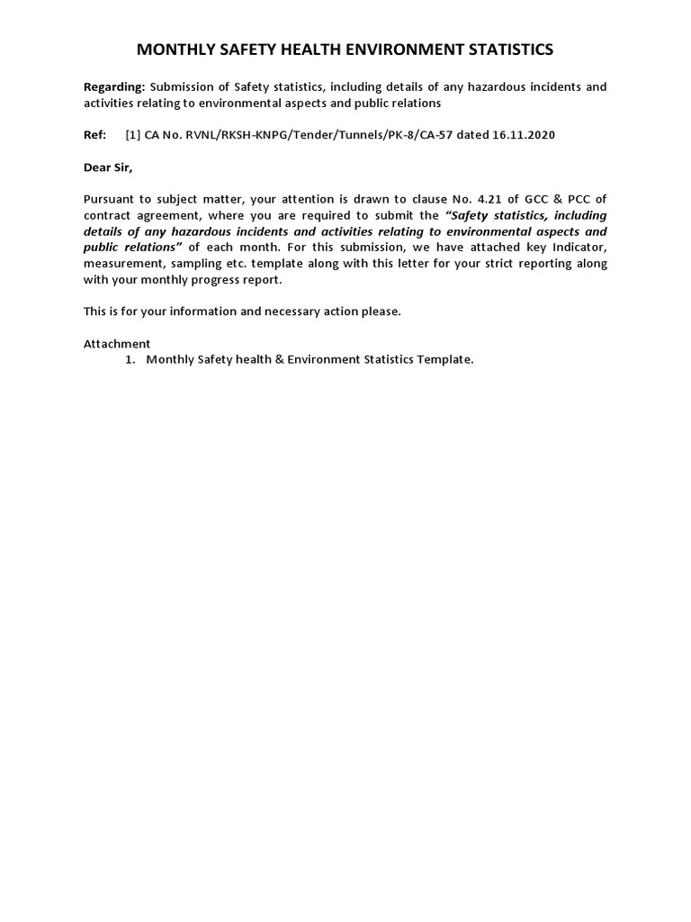 Monthly Safety Health Environment Statistics | Download Free PDF ...
