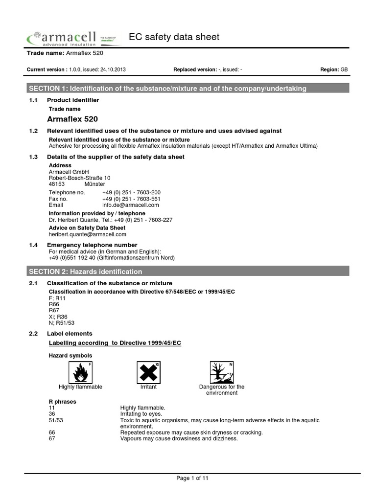 7.7 MSDS Armaflex 520 | PDF | Toxicity | Dangerous Goods
