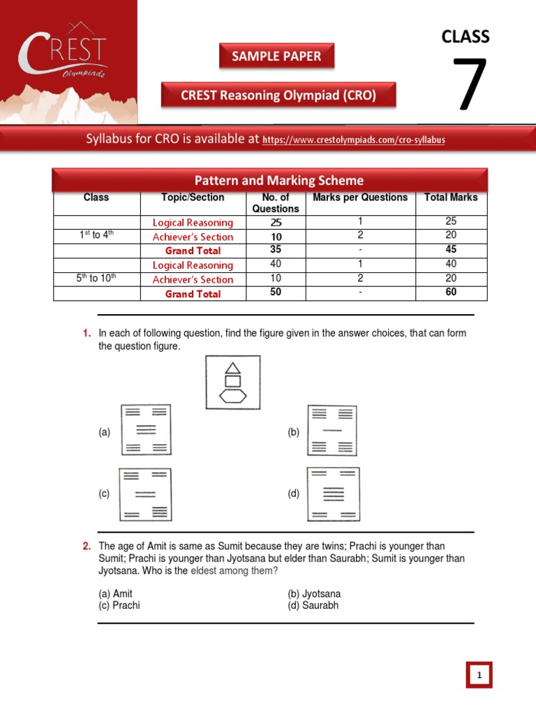 CRO Sample Papers For Class 7 | PDF