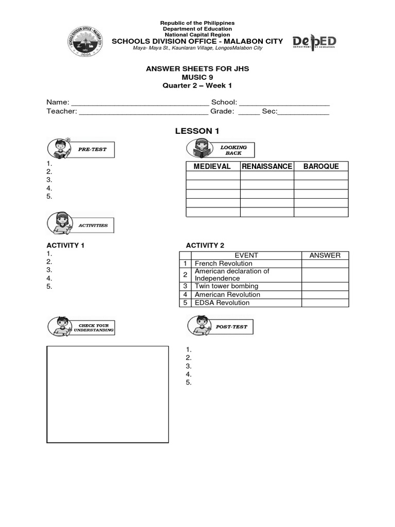 Mapeh 9 Answer Sheets Week 1-8 | PDF | Sonata | Classical Music