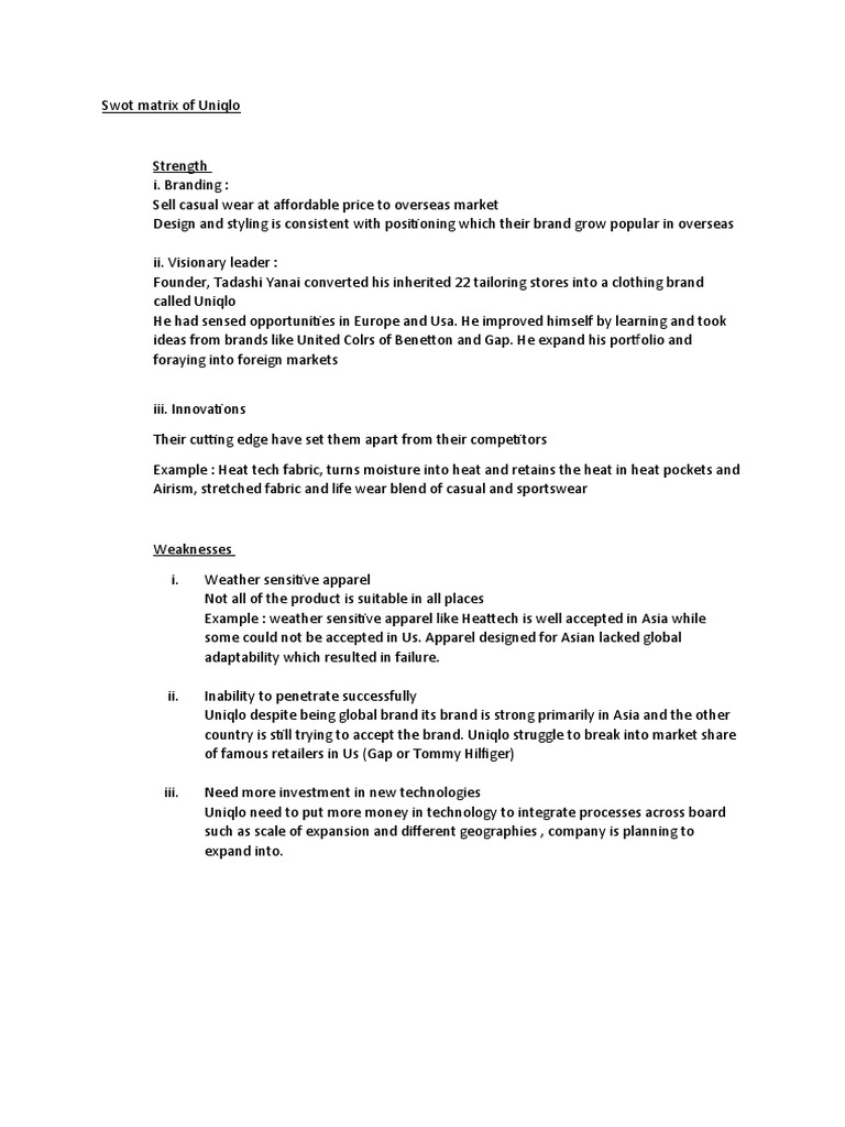 Swot Matrix of Uniqlo | PDF | Gap Inc. | Brand