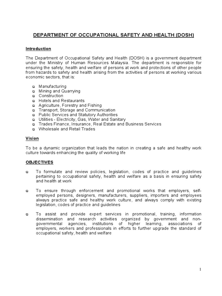 Department of Occupational Safety and Health (Dosh) | PDF ...