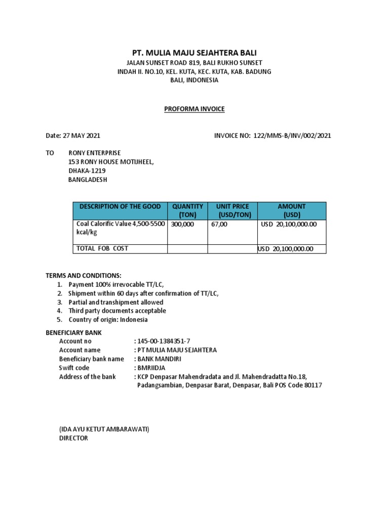 Pt. Mulia Maju Sejahtera Bali: Proforma Invoice | PDF