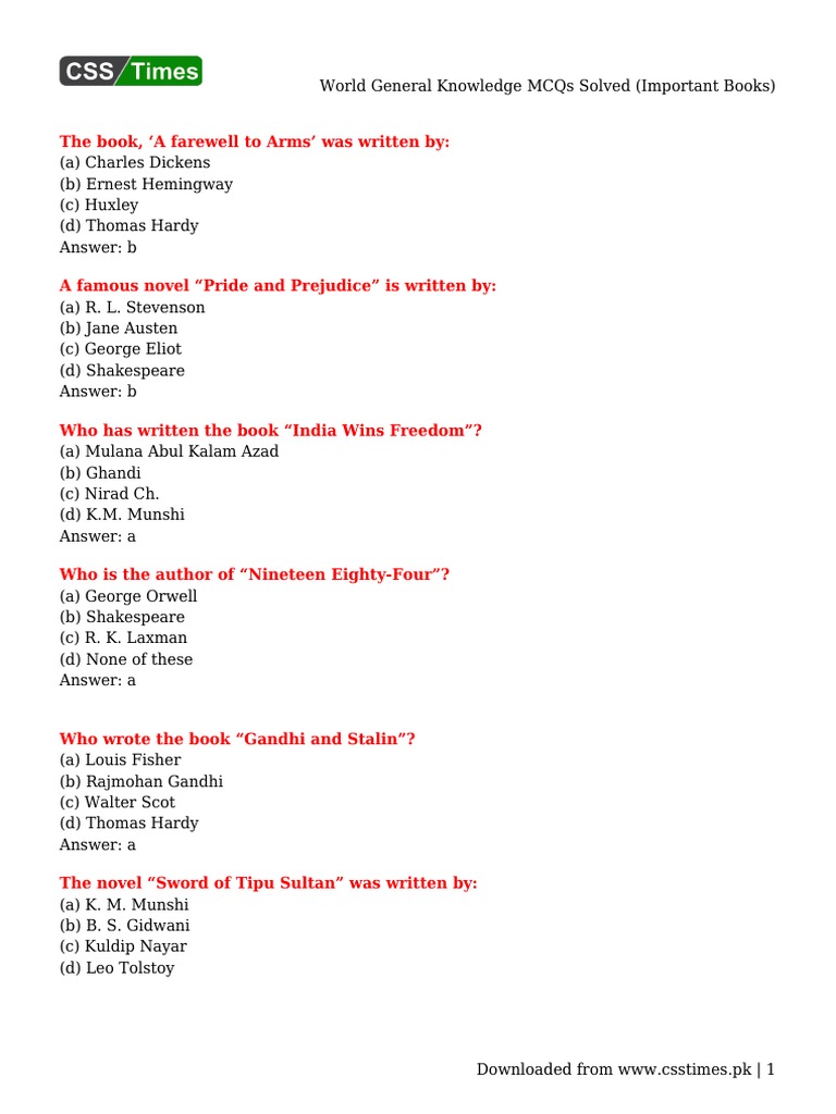 World General Knowledge MCQs Solved (Important Books) | PDF