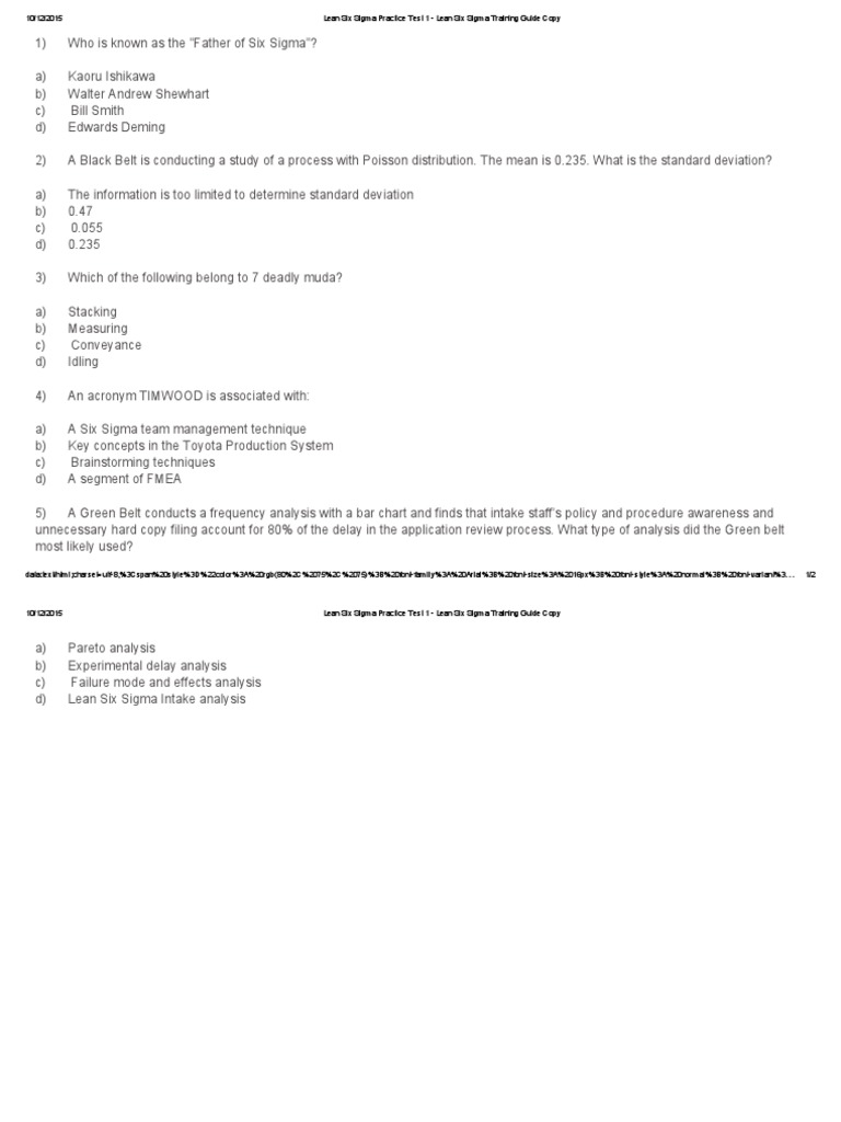 Lean Six Sigma Practice Test 1 - Lean Six Sigma Training Guide | PDF ...