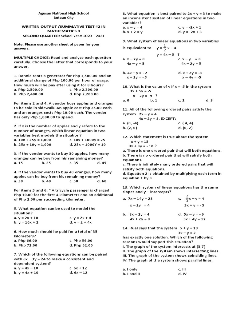 Written Output /summative Test #2 in Mathematics 8 Second Quarter ...