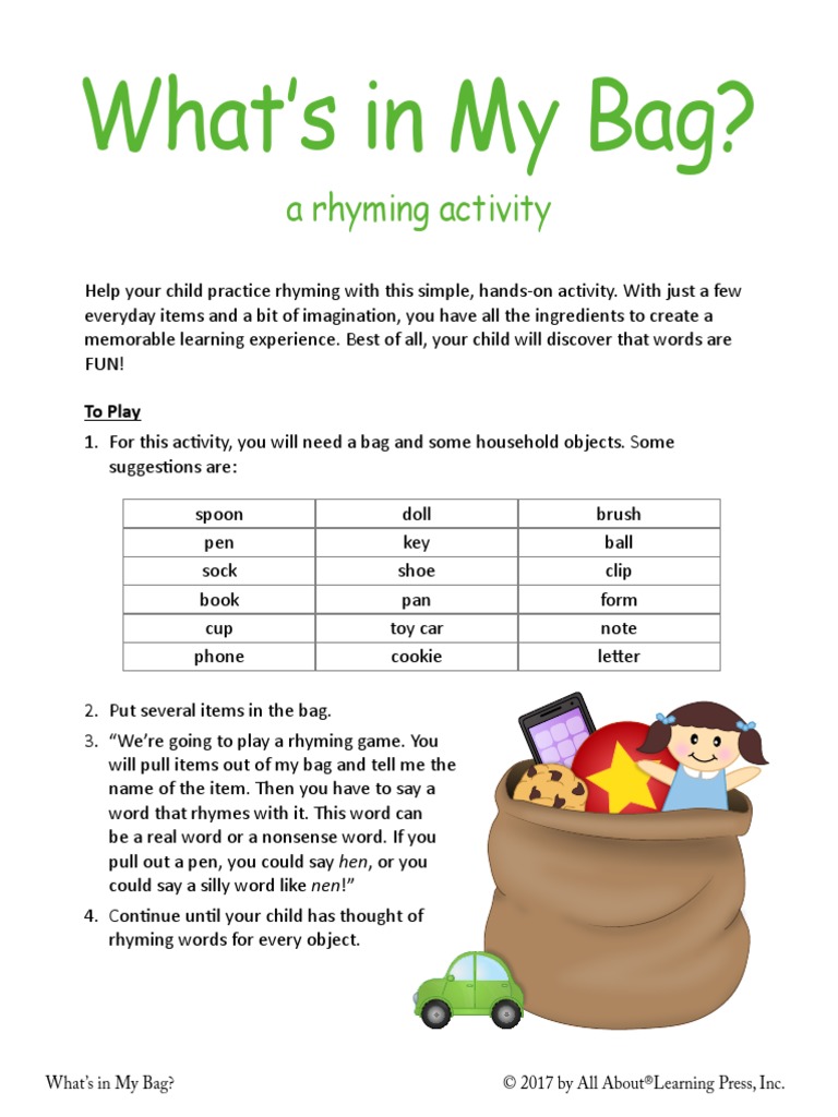 What's in My Bag?: A Rhyming Activity | PDF | Wellness