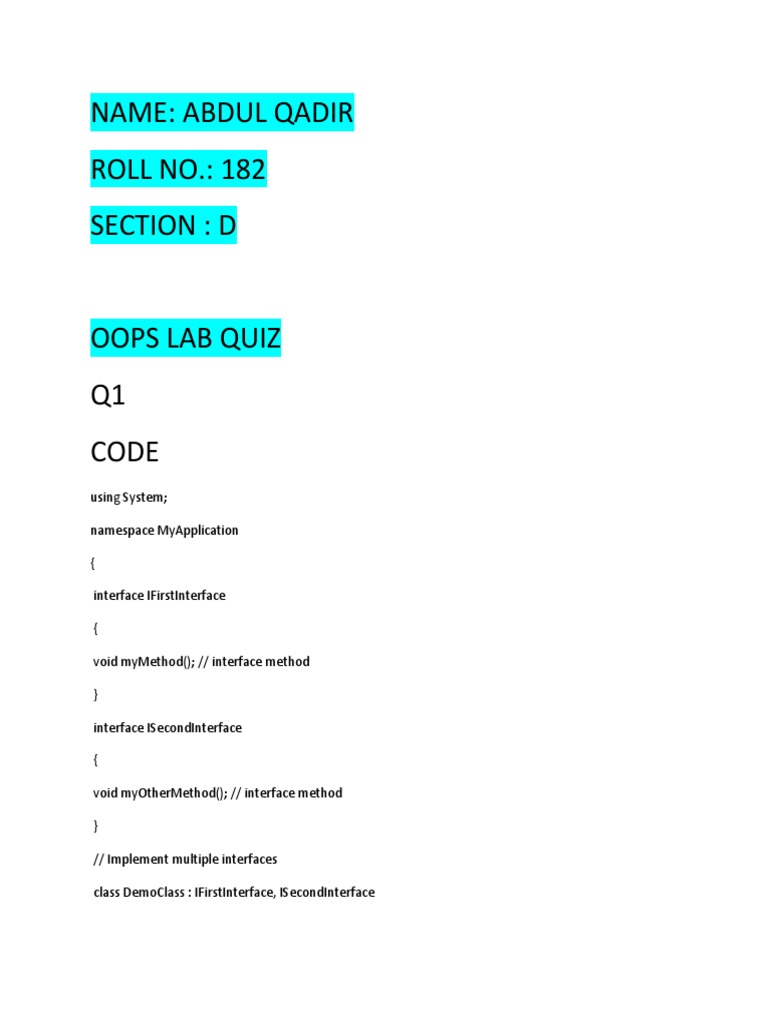 OOPS Lab Quiz Results and Code Samples for Abdul Qadir, Roll No. 182 | PDF