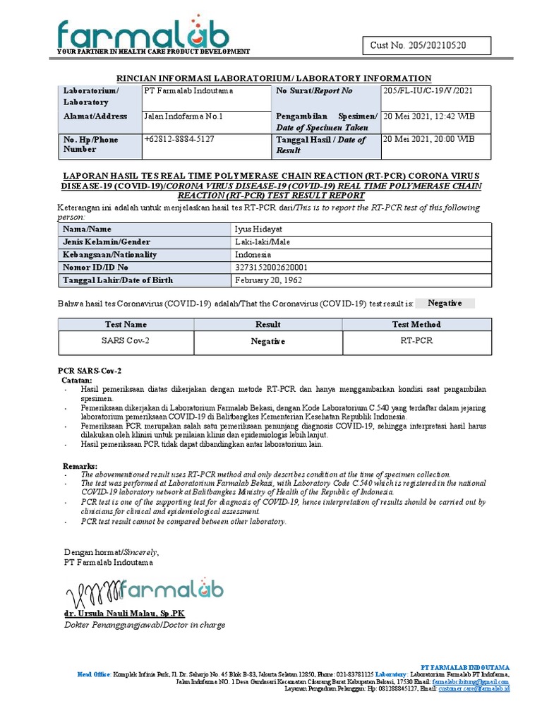 Cust No. 205/20210520: PT Farmalab Indoutama Head Office: Laboratory ...