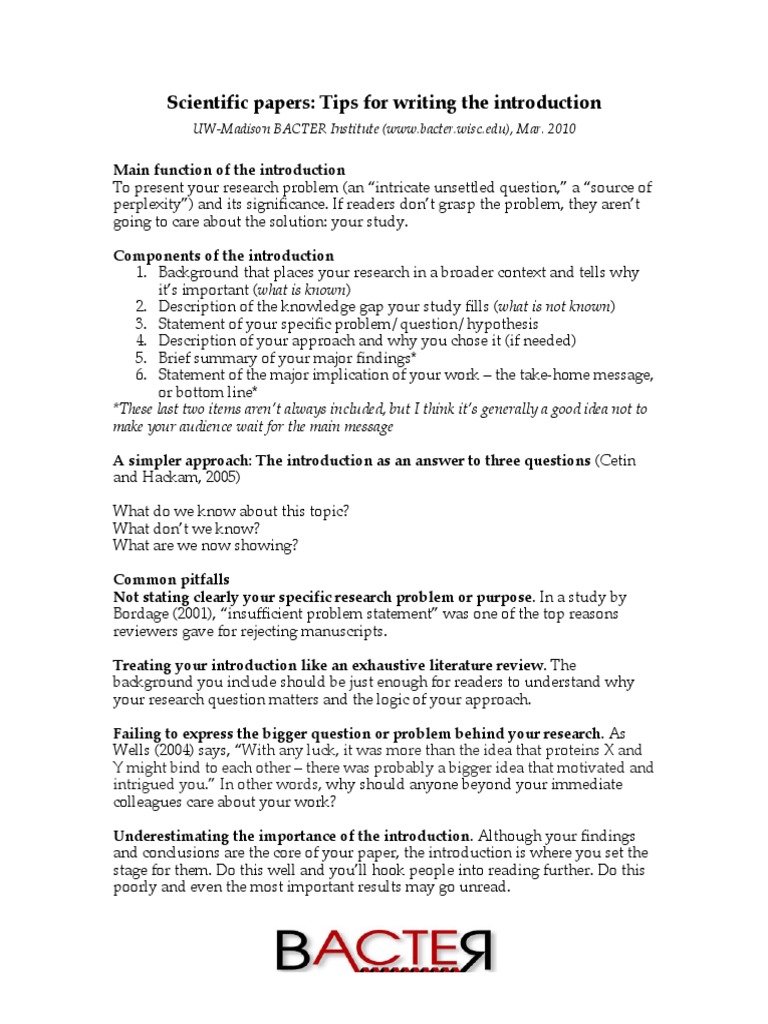 Scientific Papers: Tips For Writing The Introduction: UW-Madison BACTER ...