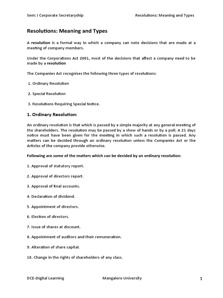 Resolutions: Meaning and Types: 1. Ordinary Resolution | PDF | Articles ...
