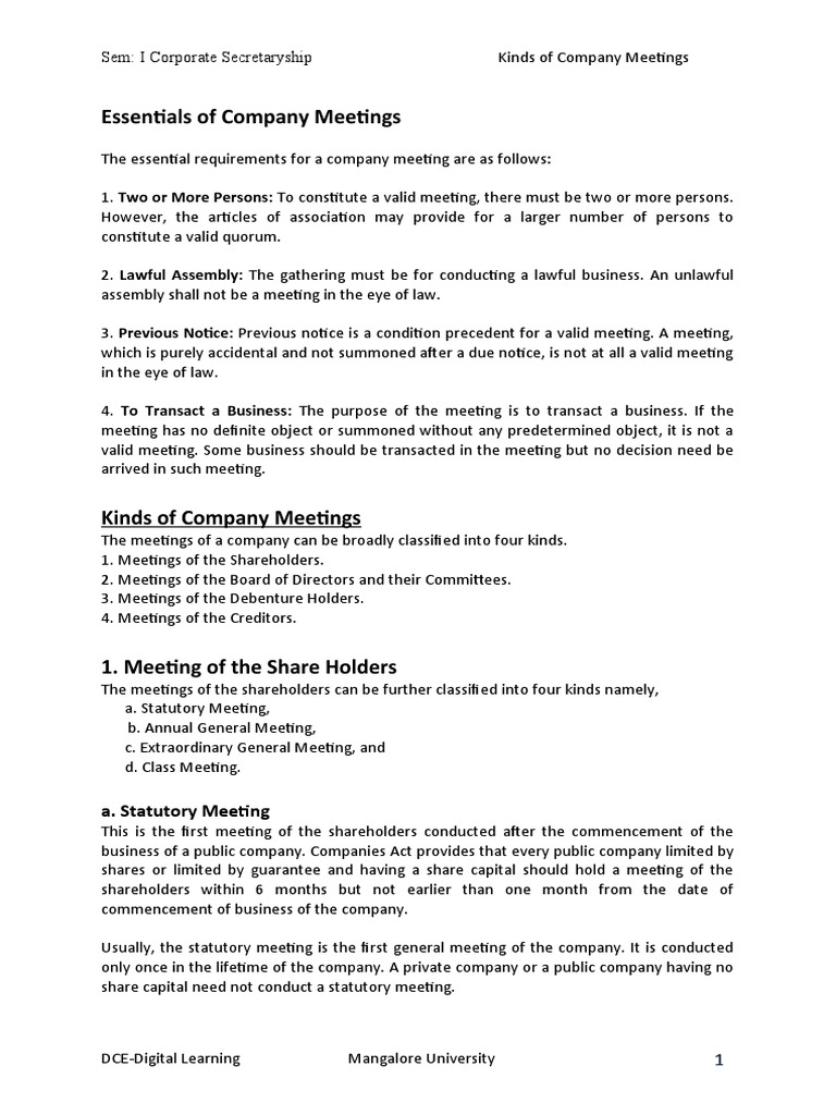 Essentials of Company Meetings: A. Statutory Meeting | PDF | Quorum ...