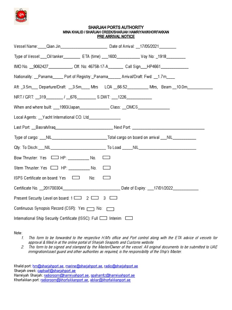 Pre Arrival Notice: Mina Khalid / Sharjah Creek/Sharjah Hamriyah ...