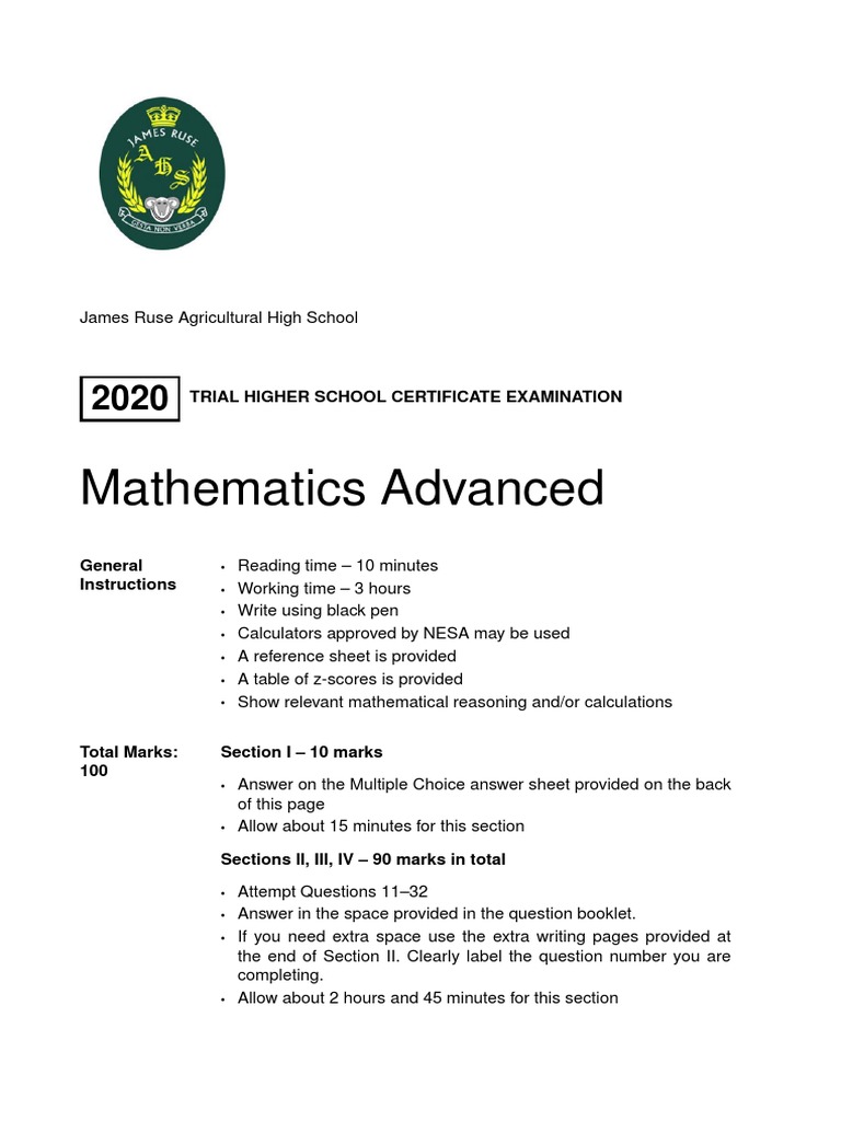 James Ruse Agricultural High School 2020 HSC Mathematics Advanced exam ...