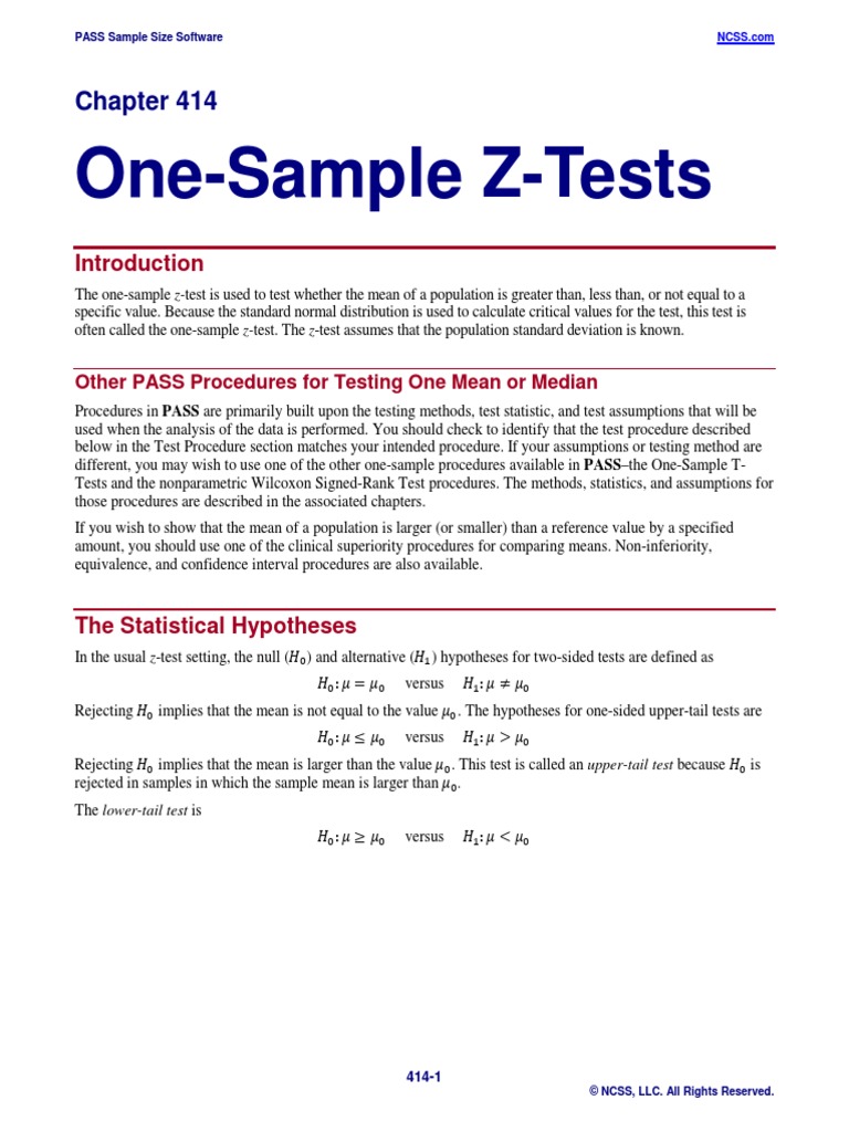 One-Sample Z-Tests: Other PASS Procedures For Testing One Mean or ...