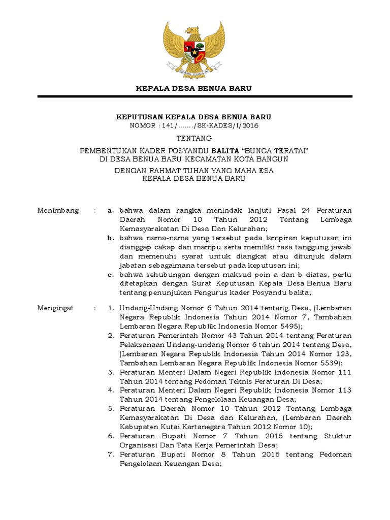 Contoh SK Desa Untuk Posyandu 2018 | PDF