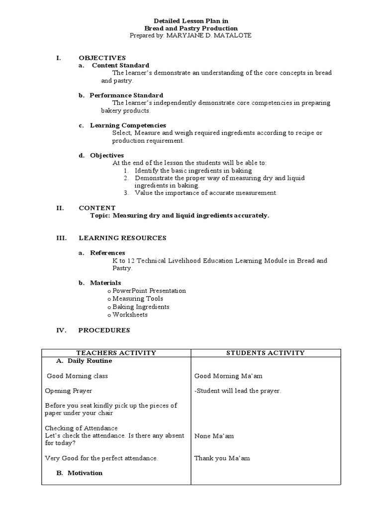 Detailed Lesson Plan in | PDF | Lesson Plan | Baking