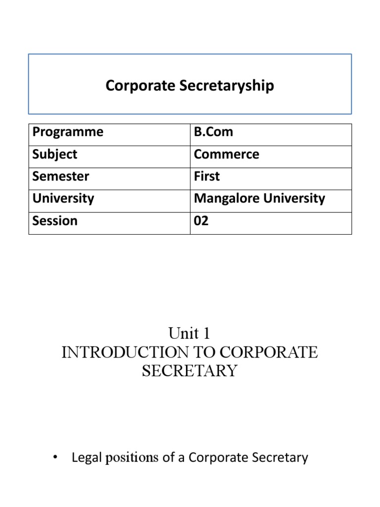 Corporate Secretaryship: Programme Subject Commerce Semester First ...