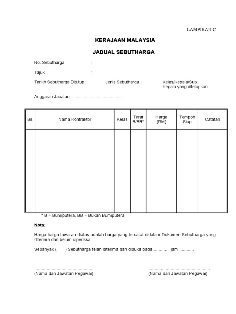 Contoh Jadual Sebutharga Kerajaan | PDF