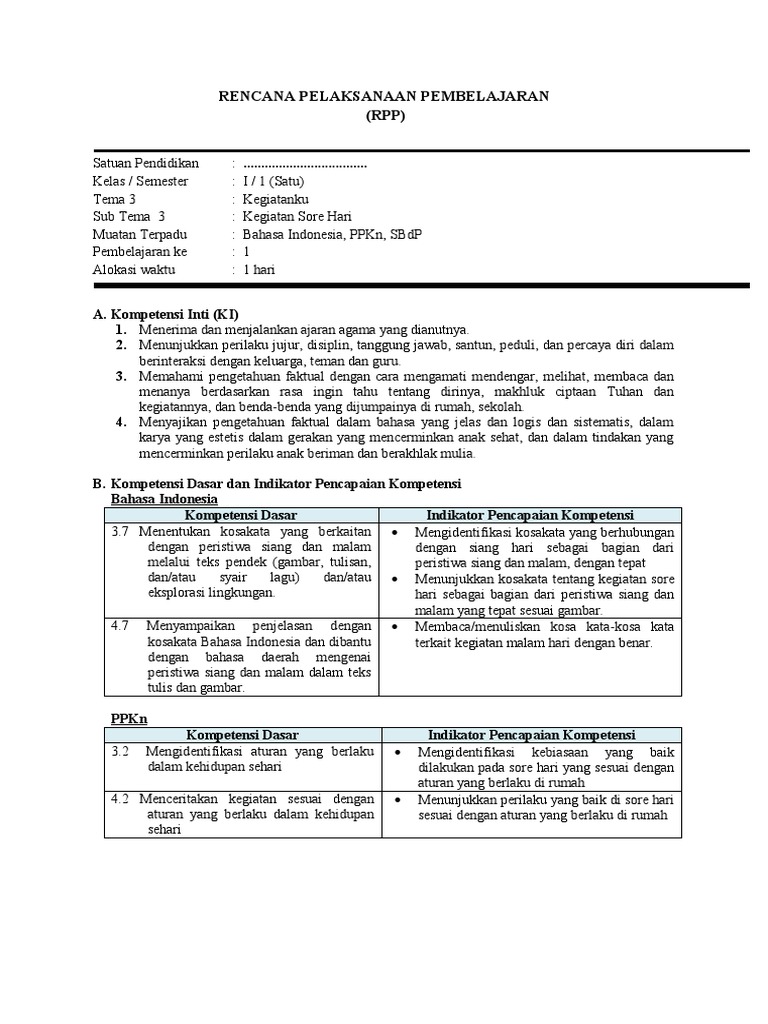 RPP Kelas 1 Tema 3 Subtema 3 | PDF