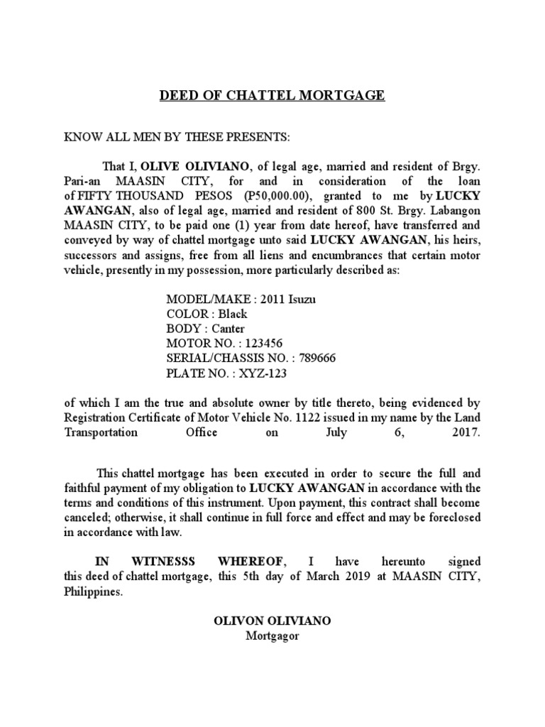 Deed of Chattel Mortgage | PDF