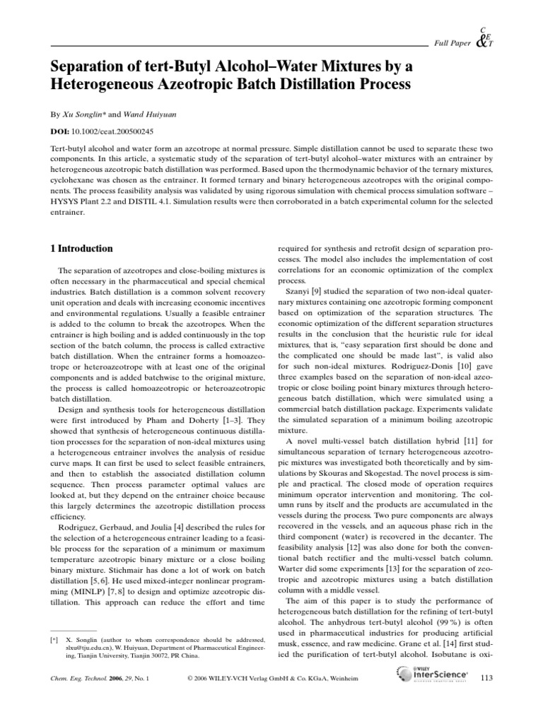 Separation of Tert-Butyl Alcohol-Water Mixtures by A Heterogeneous ...