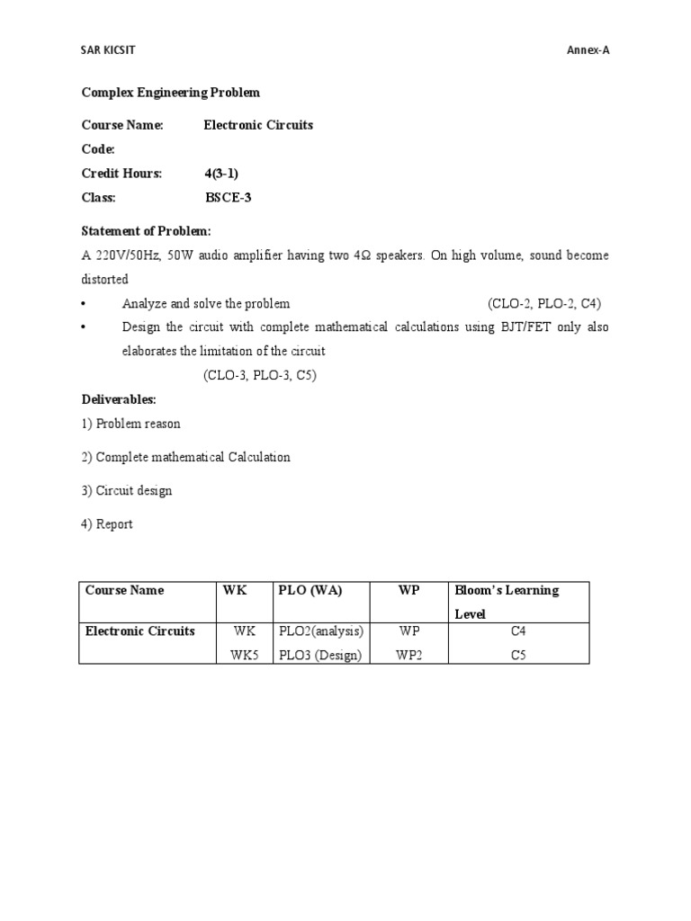 Complex Engineering Problem Course Name: Electronic Circuits Code ...