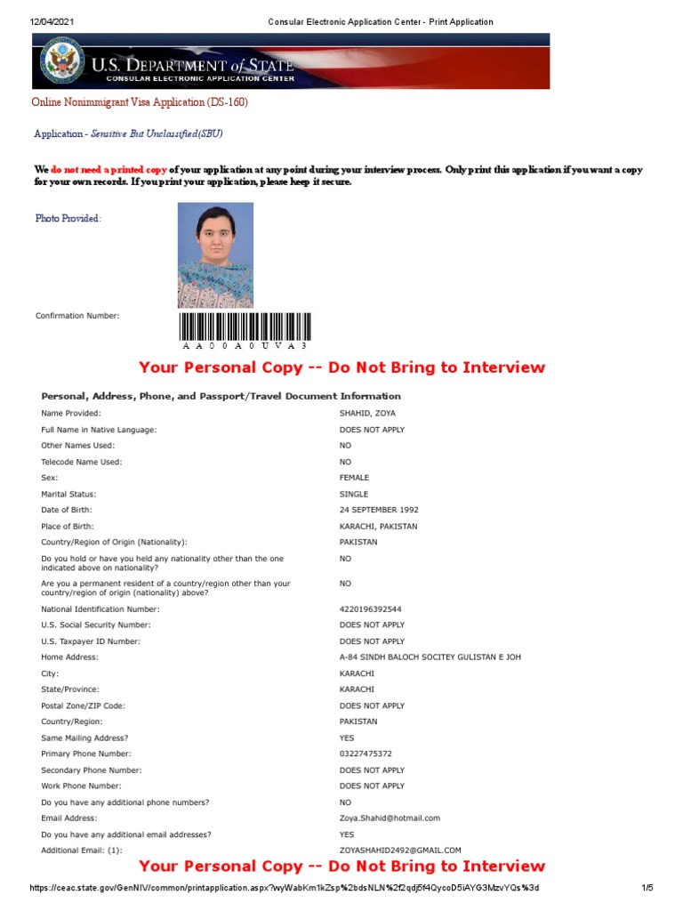Consular Electronic Application Center - Print Application | PDF ...