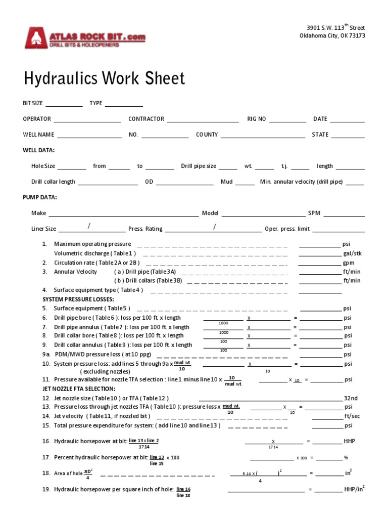 Hydraulics Work Sheet: Well Data | PDF | Drill | Horsepower