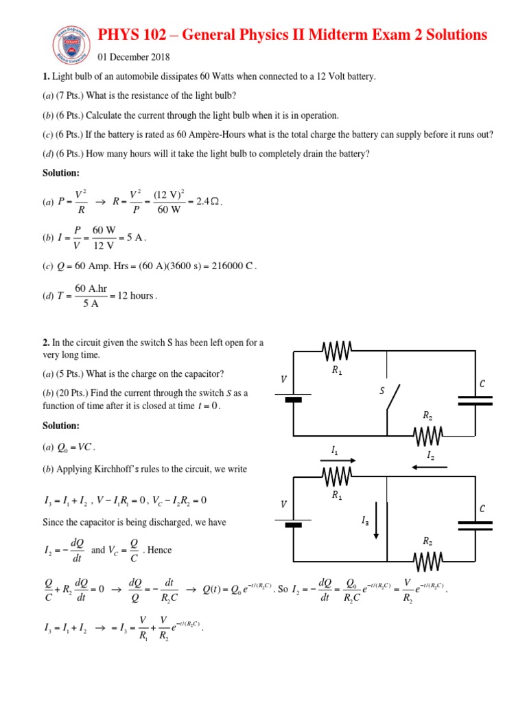 PHYS 102 - General Physics II Midterm Exam 2 Solutions: V V P R R P ...