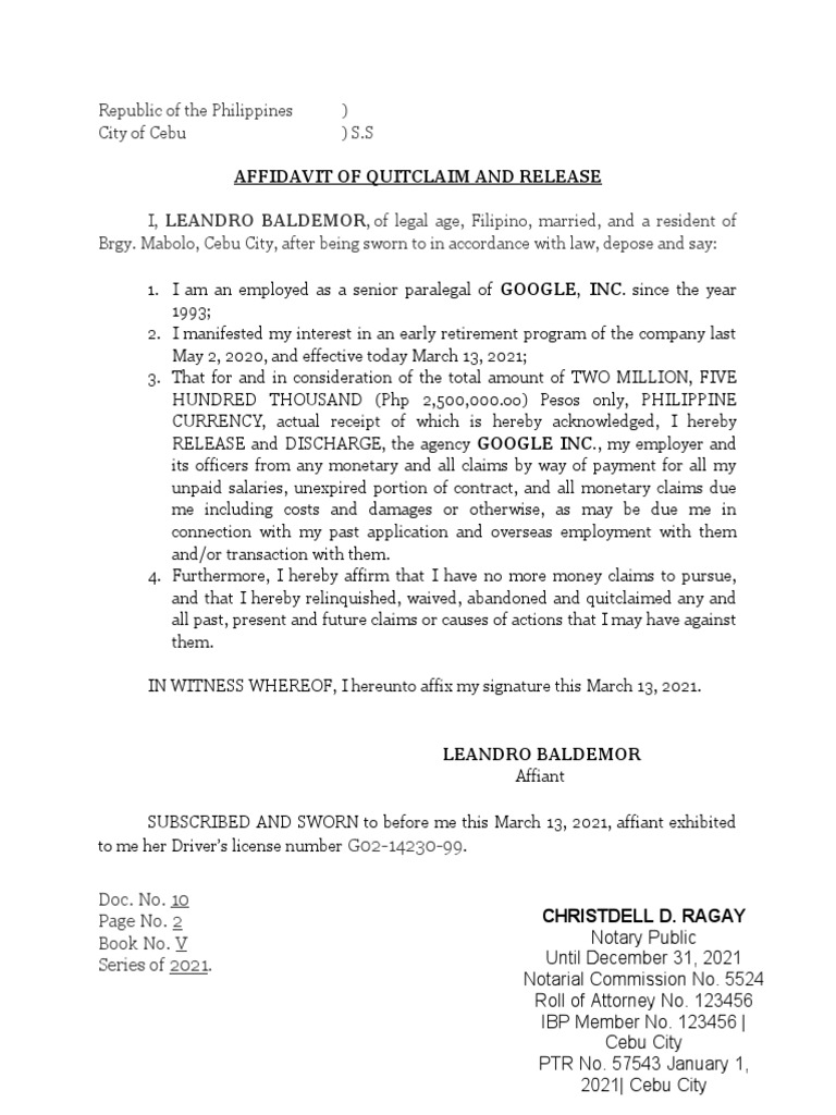 Affidavit of Quitclaim and Release | PDF | Affidavit | Civil Law ...