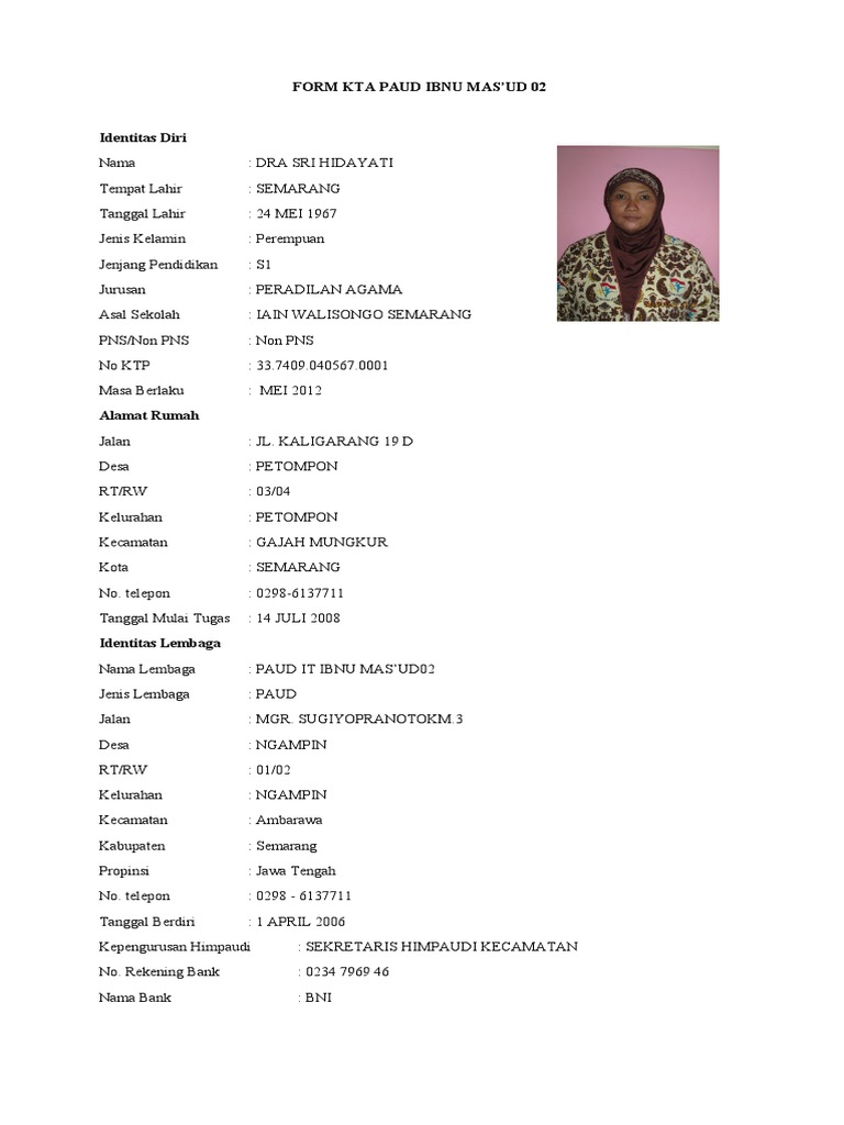 Form Kta Paud Ibnu Mas'Ud 02 | PDF