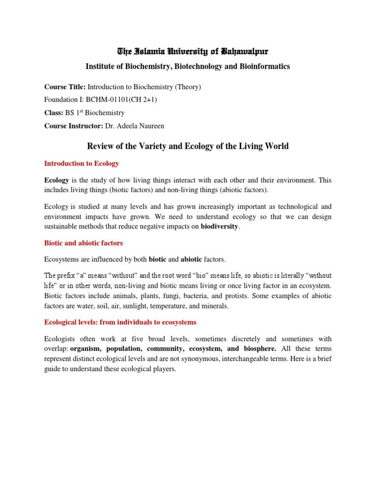 Introduction To Biochemistry, Le# 3 (Dr. Adeela Naureen) | PDF | Ecology | Ecosystem