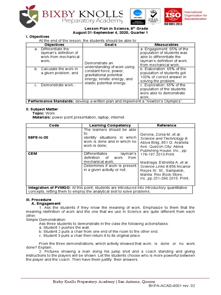 Sci8-Q1-W5-6-L2-3 - Work, Power and Energy | PDF | Potential Energy | Force
