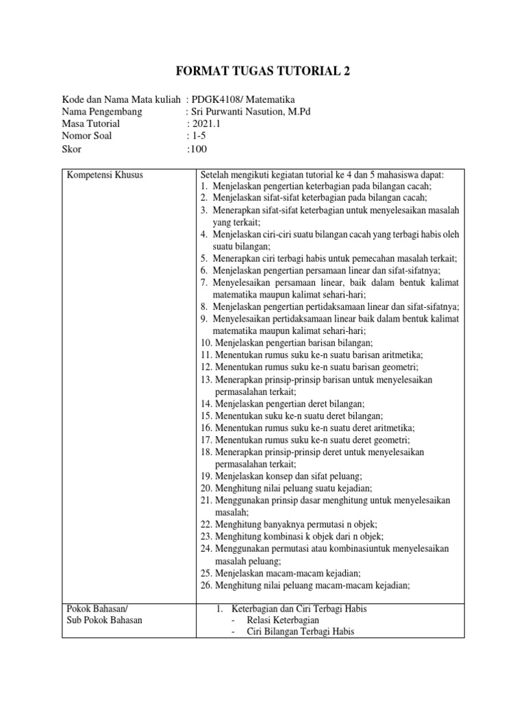 Tugas 2 Matematika PDGK 4108 | PDF