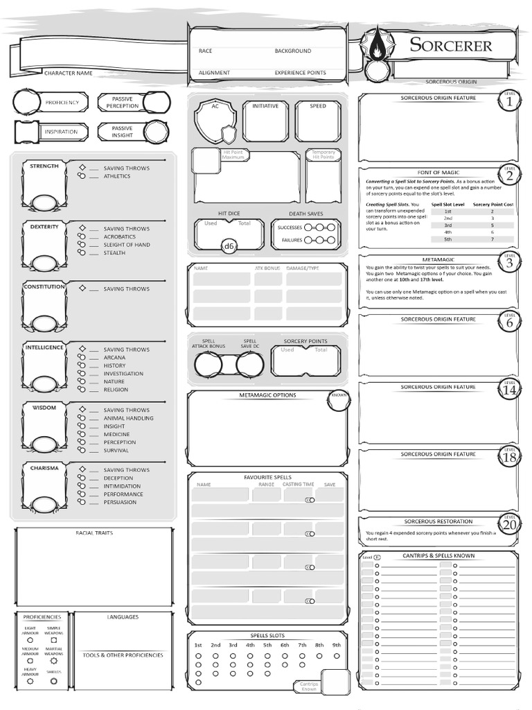 456029 Character Sheet SORCERER FILLABLE PDF